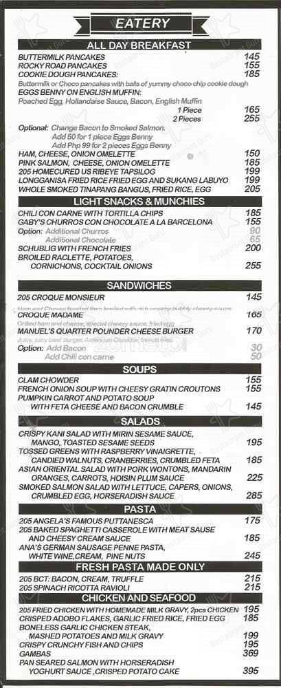 Menu at Cafe 205, Quezon City