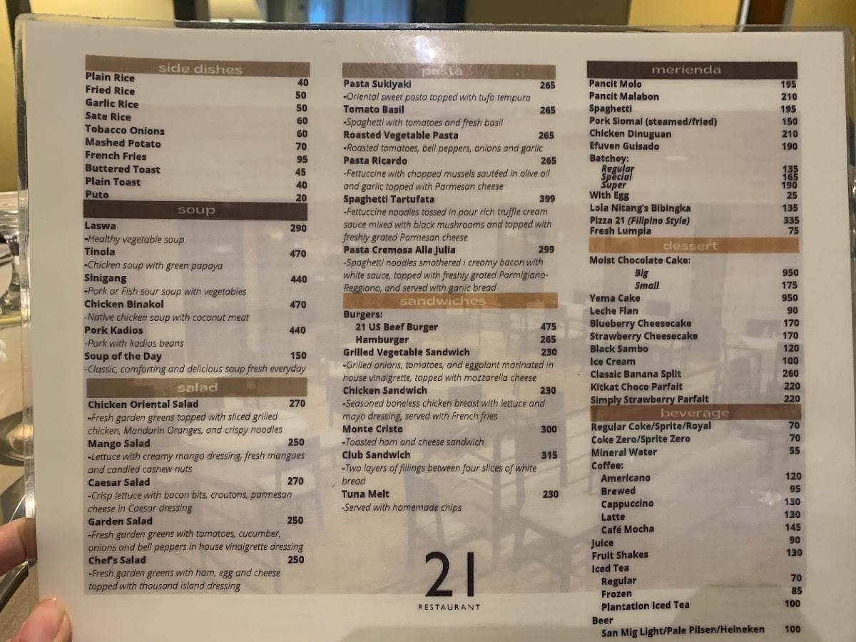 Menu at 21 Restaurant, Bacolod, 21 Lacson St