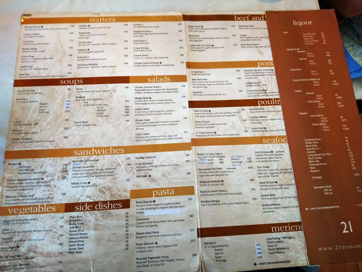 Menu at 21 Restaurant, Bacolod, 21 Lacson St