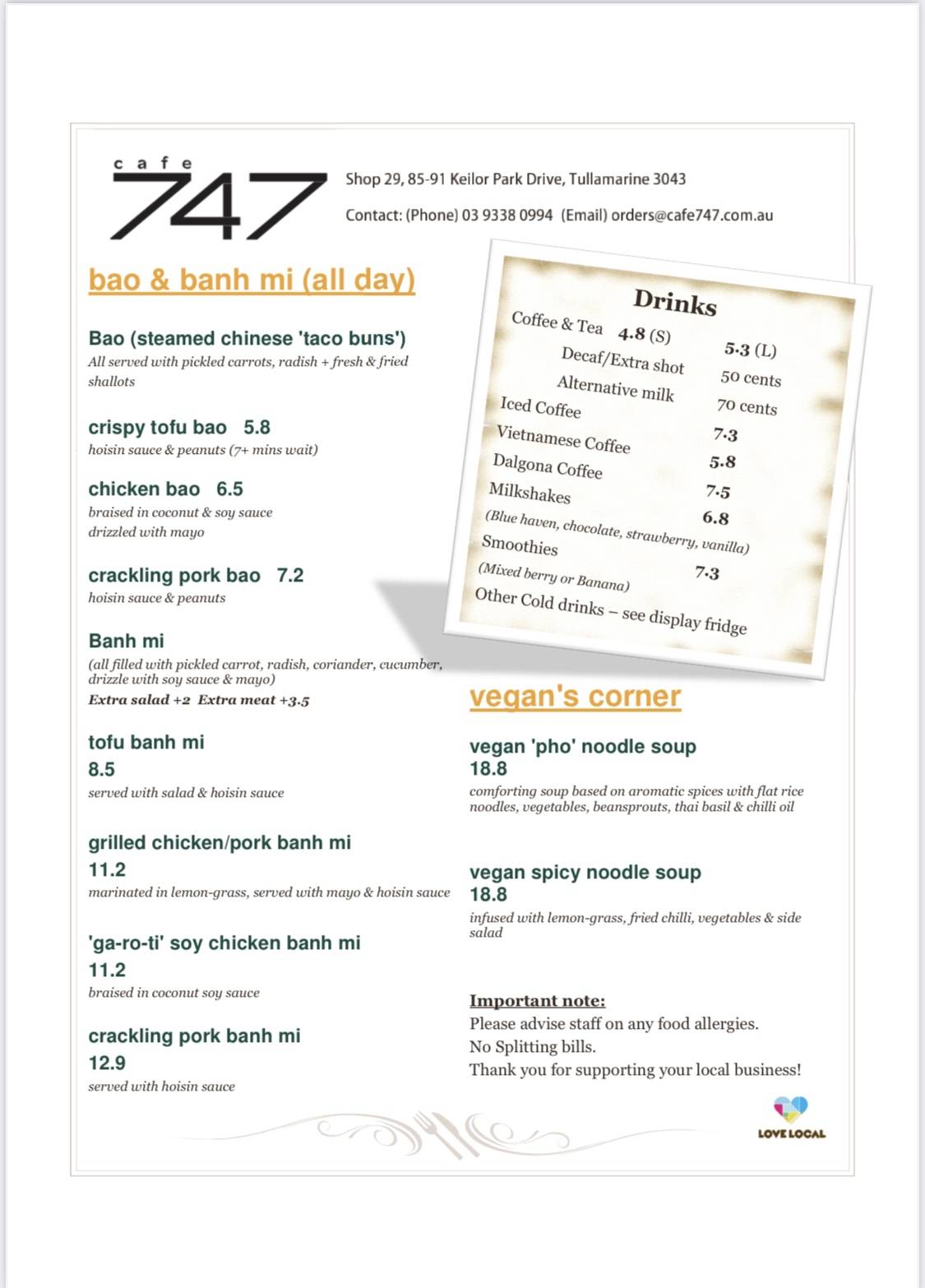 Menu at Cafe 747, Tullamarine