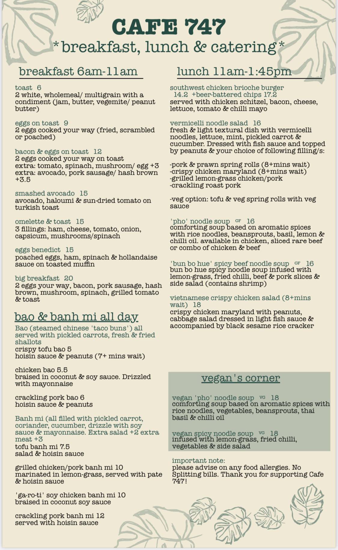 Menu at Cafe 747, Tullamarine