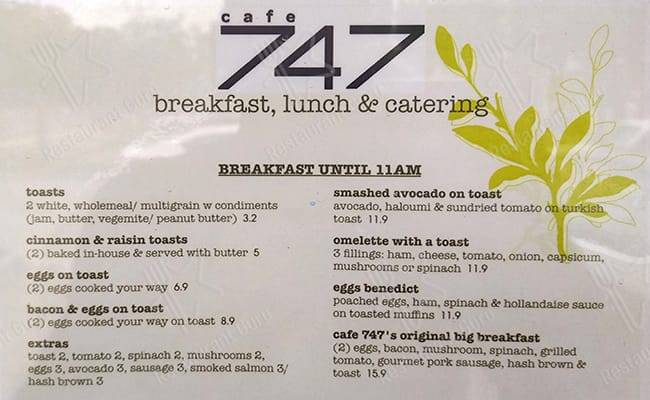 Menu at Cafe 747, Tullamarine