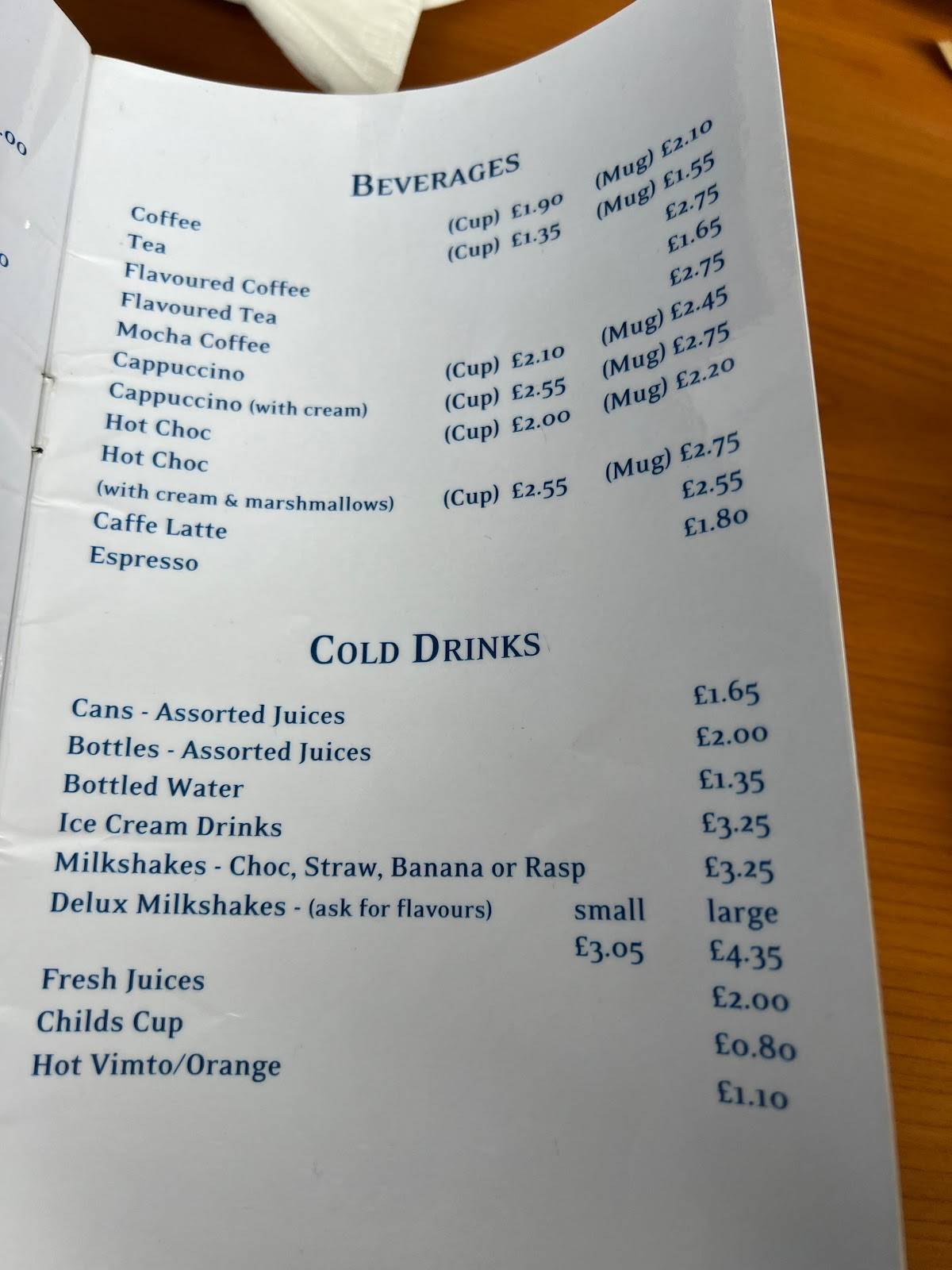Menu at Cafe 91, Lockerbie