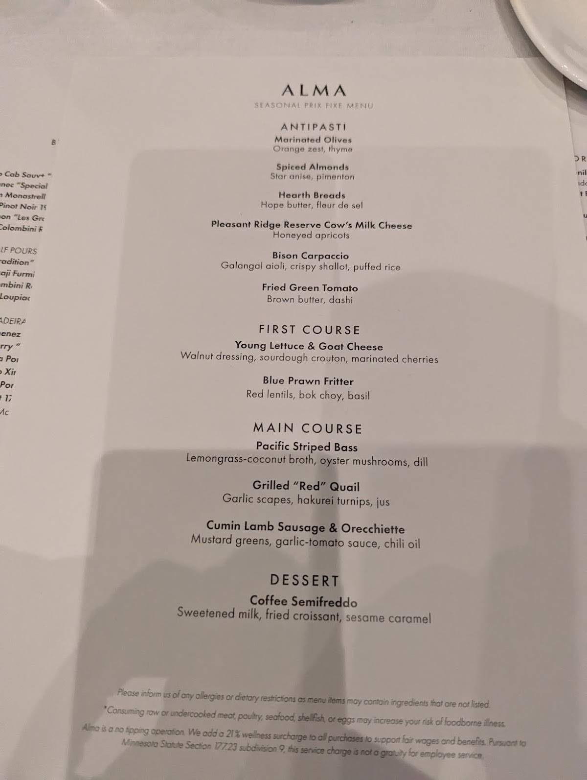 Menu at Alma cafe, Minneapolis, 528 University Ave SE