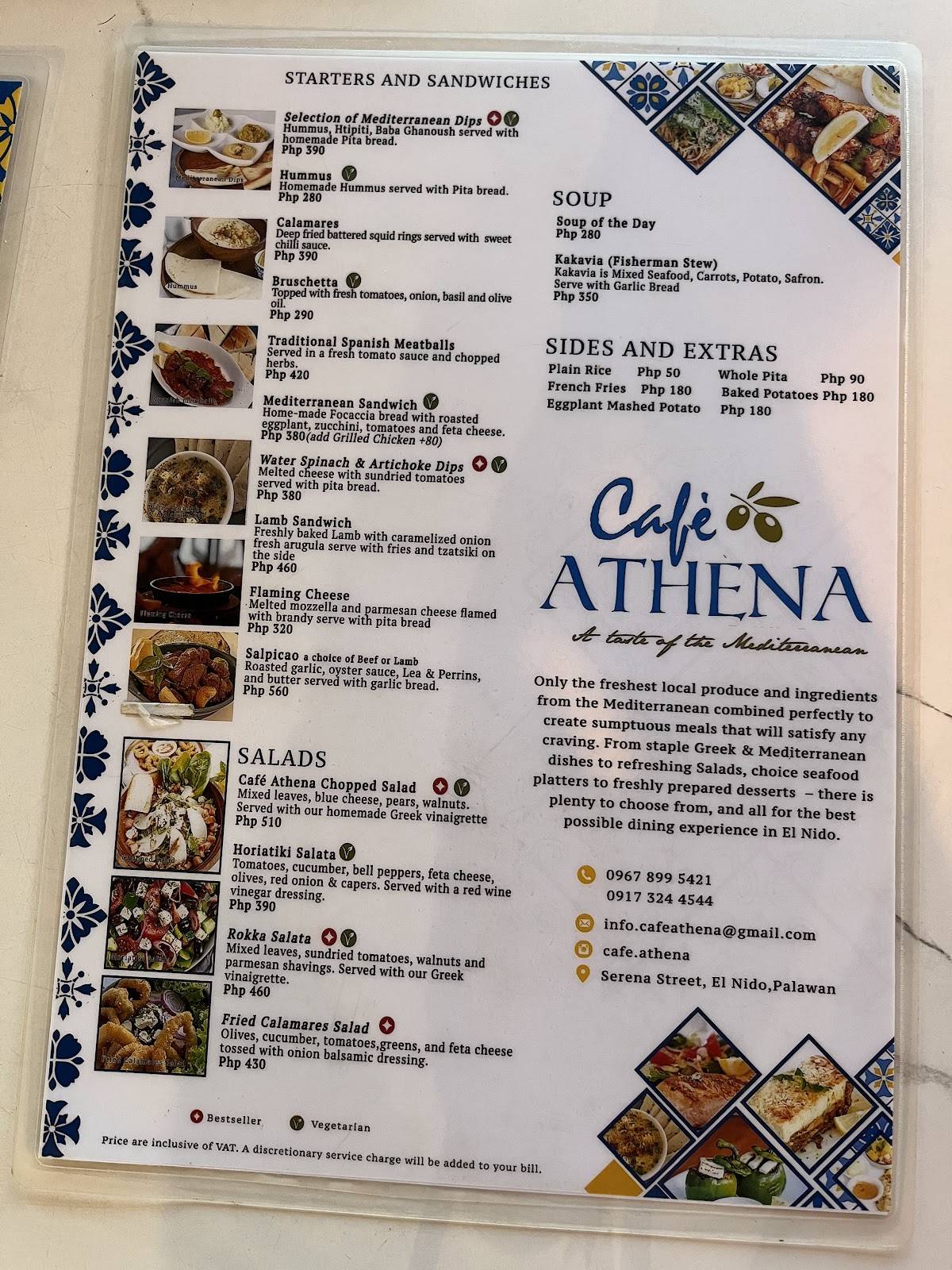 Menu at Cafe Athena, El Nido, Serena St