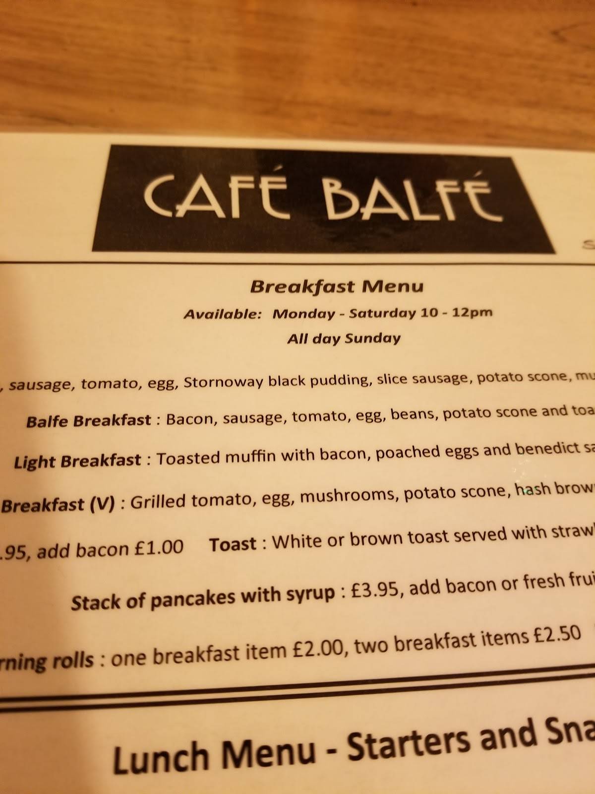 Menu at Cafe Balfe, Greenock