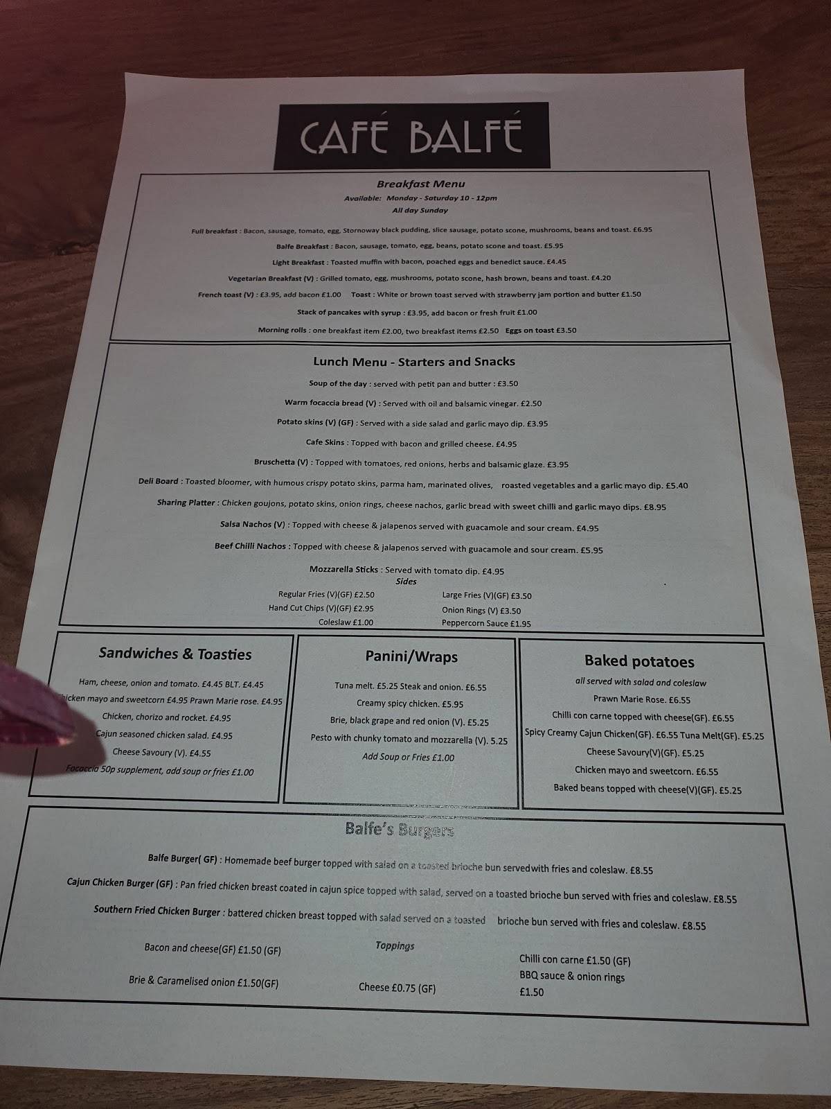 Menu at Cafe Balfe, Greenock