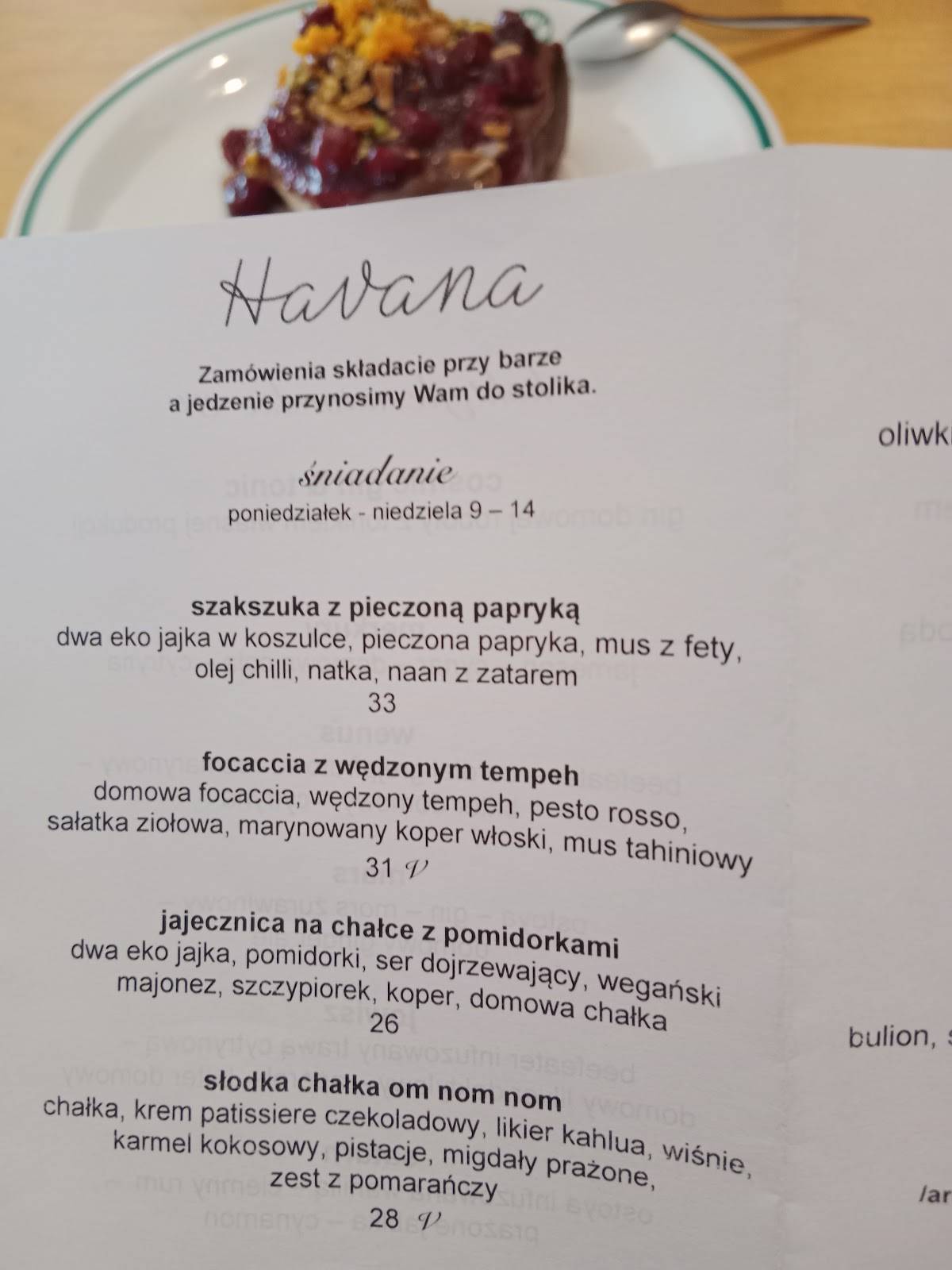 Menu at Cafe Bar Havana, Warsaw