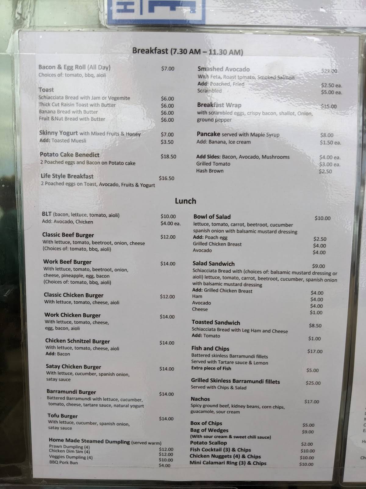 Carta de Barefoot Café, Macmasters Beach