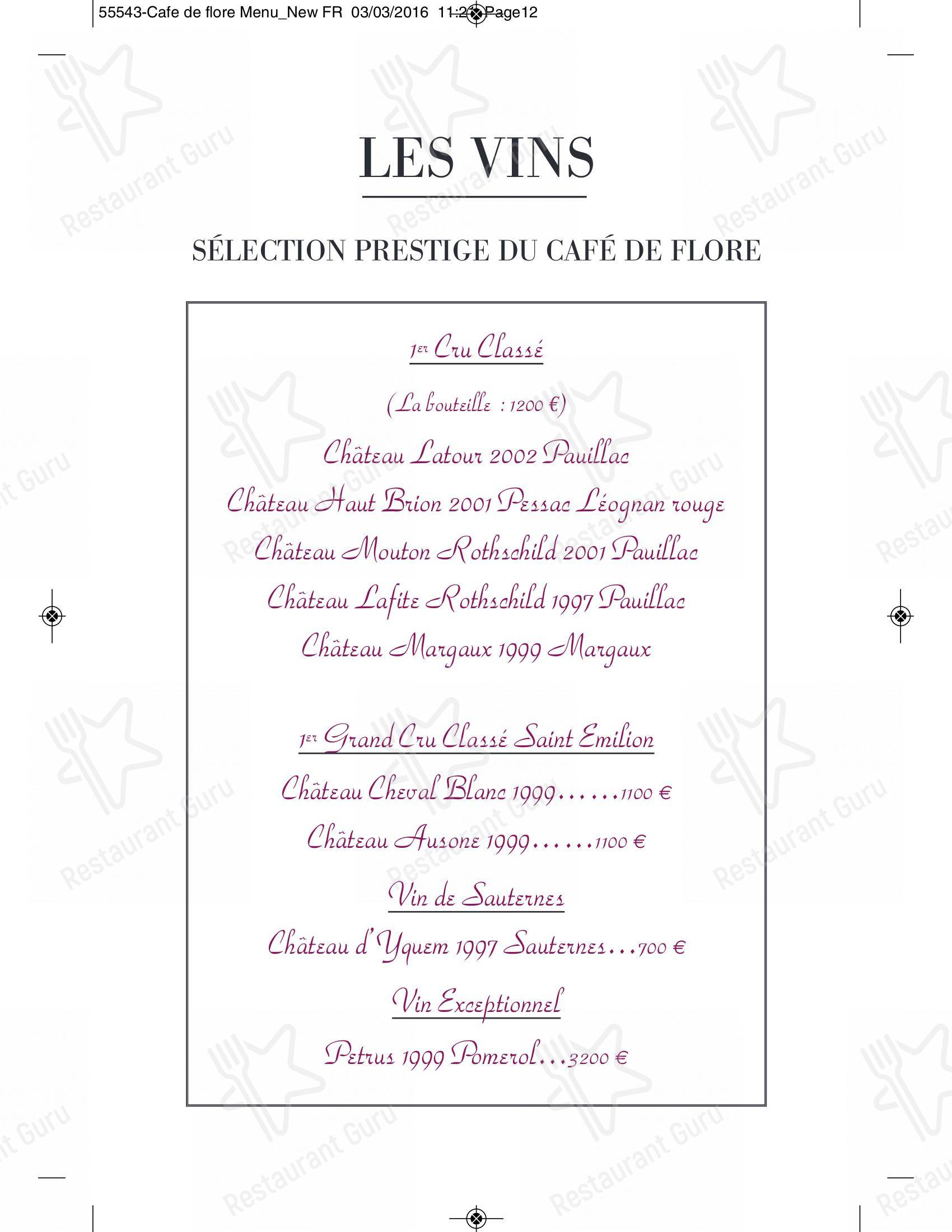 Menu at Café de Flore, Paris, 172 Bd Saint-Germain