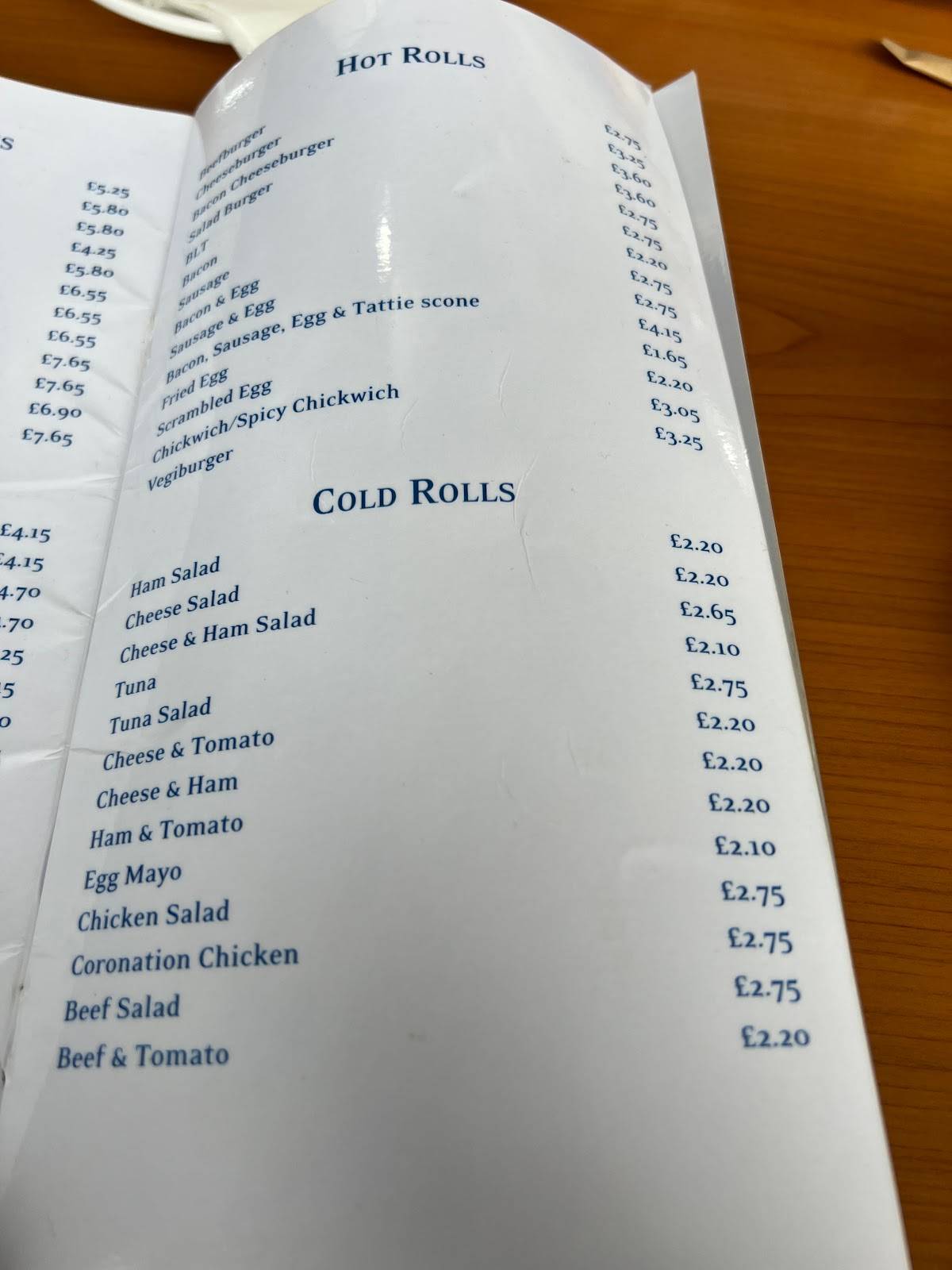 Menu at Cafe 91, Lockerbie