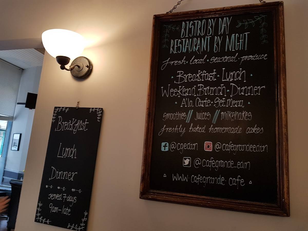 Menu at Cafe Grande, Edinburgh, 182-184 Bruntsfield Pl
