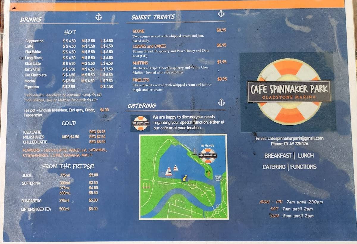 Menu at Cafe Spinnaker Park, Gladstone Central, 222 Alf Orourke Dr