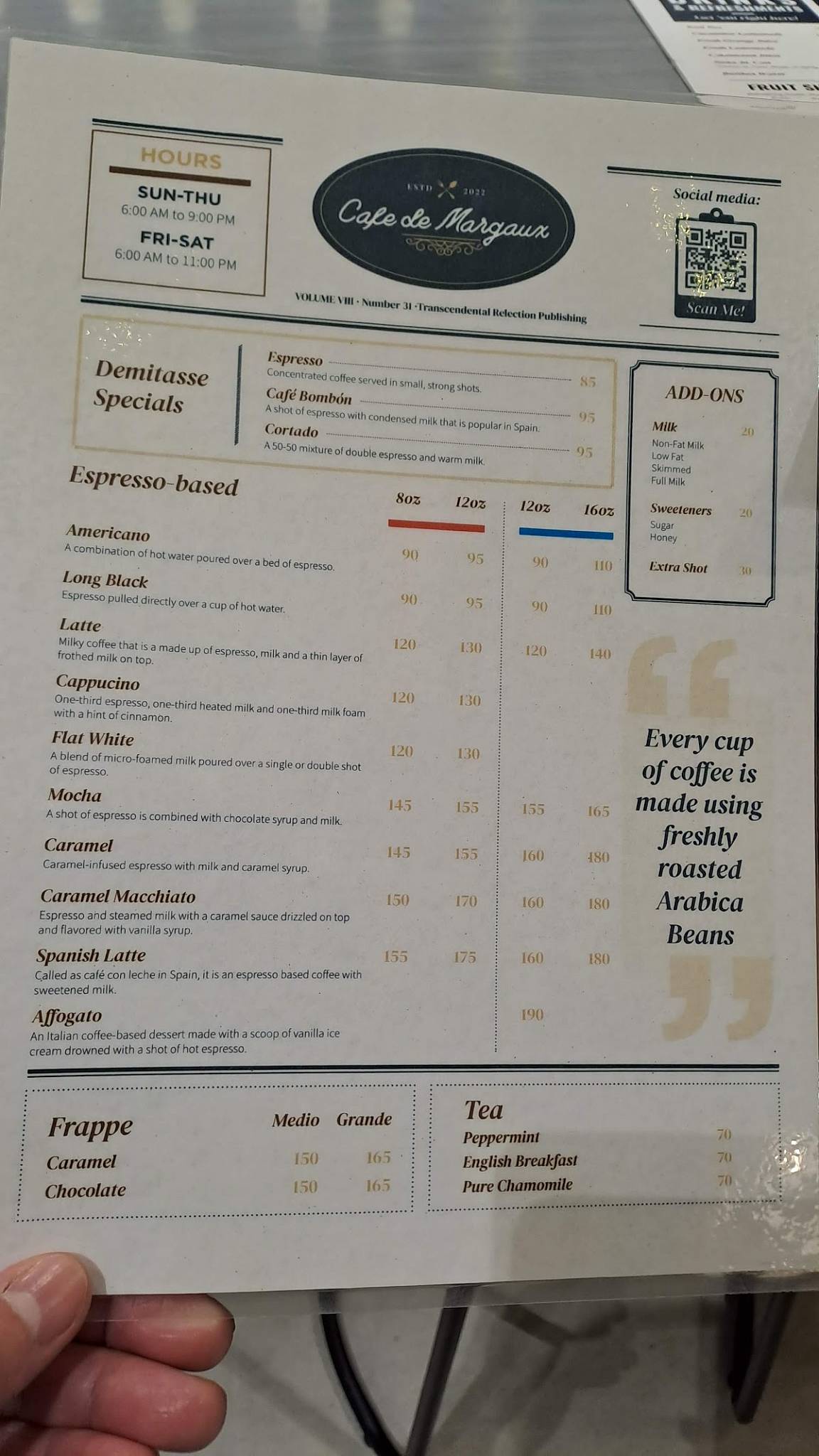 Menu at Cafe de Margaux, Guiguinto