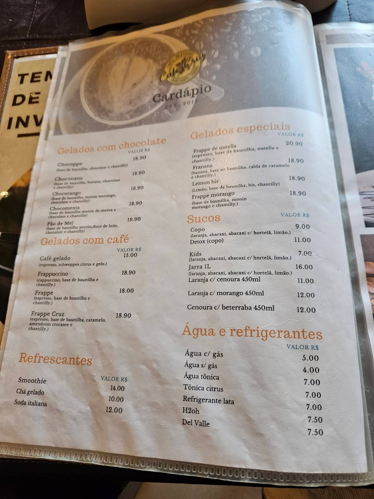 Menu em Café Cruz, Araruama
