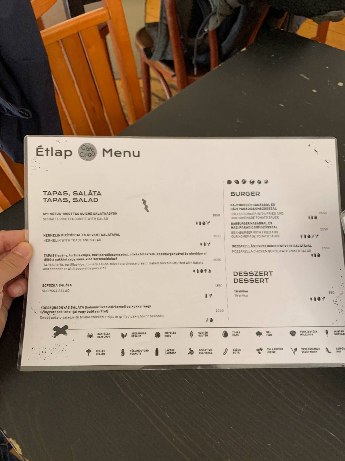 Menu at Café Csiga restaurant, Budapest