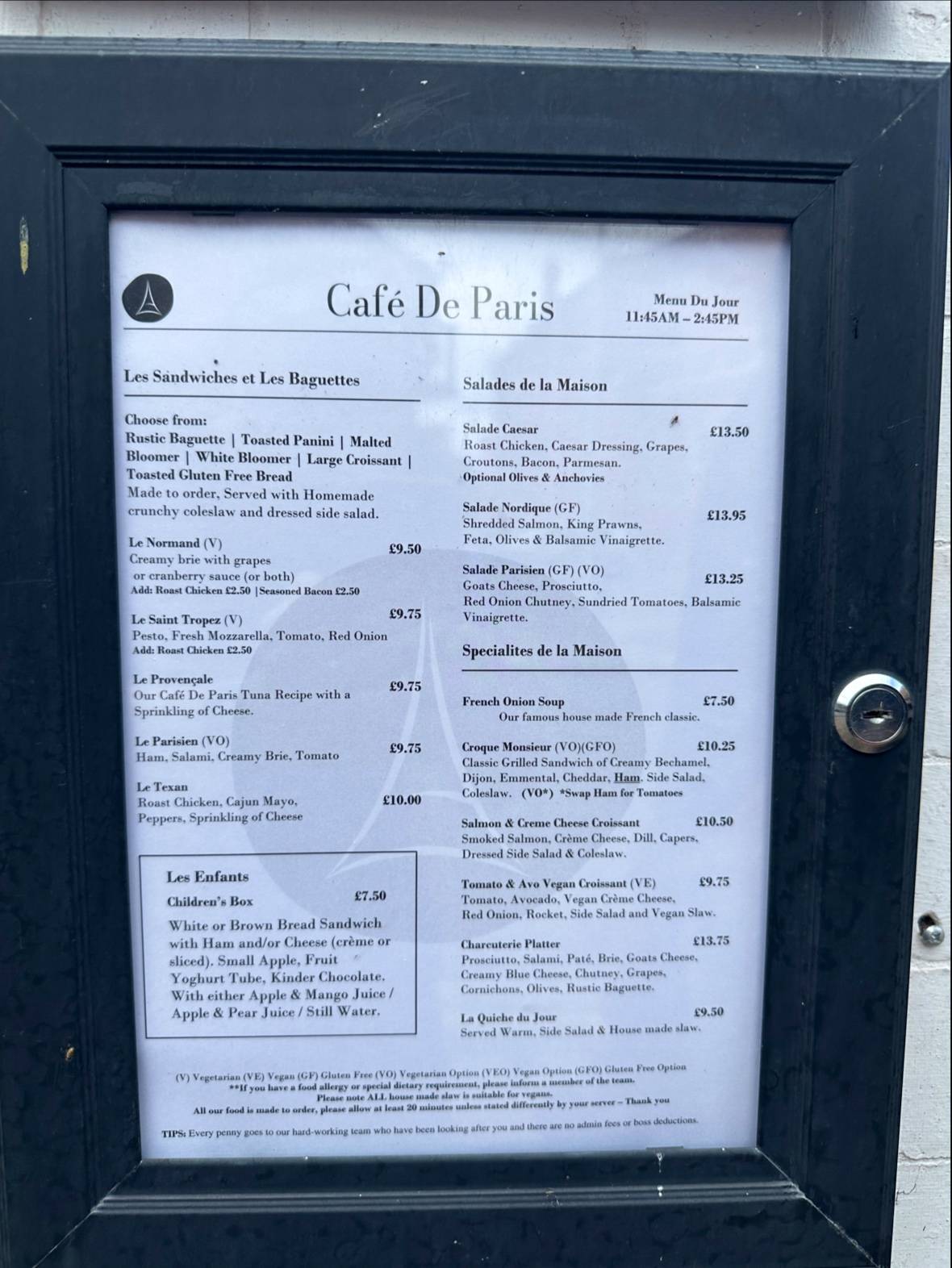 Menu at Café De Paris cafe, Nantwich