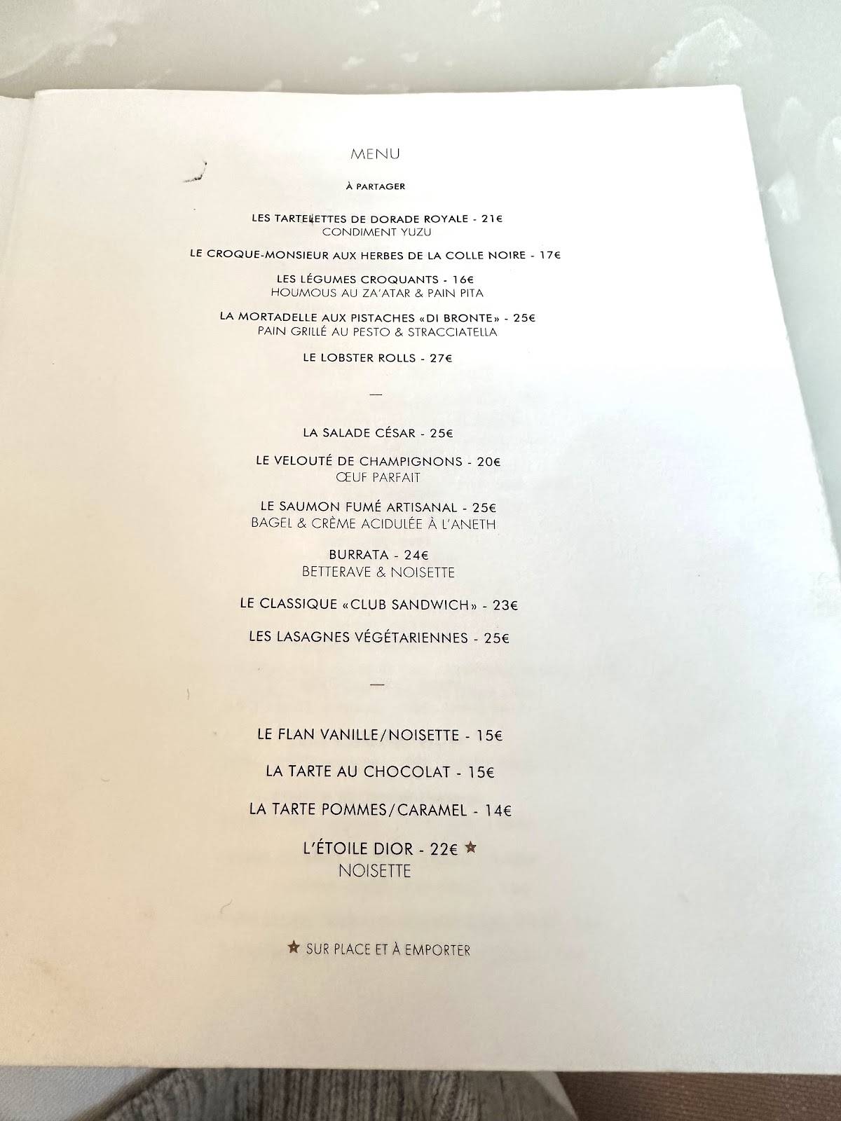 Menu au Café Dior, Paris, 11 Rue François 1er