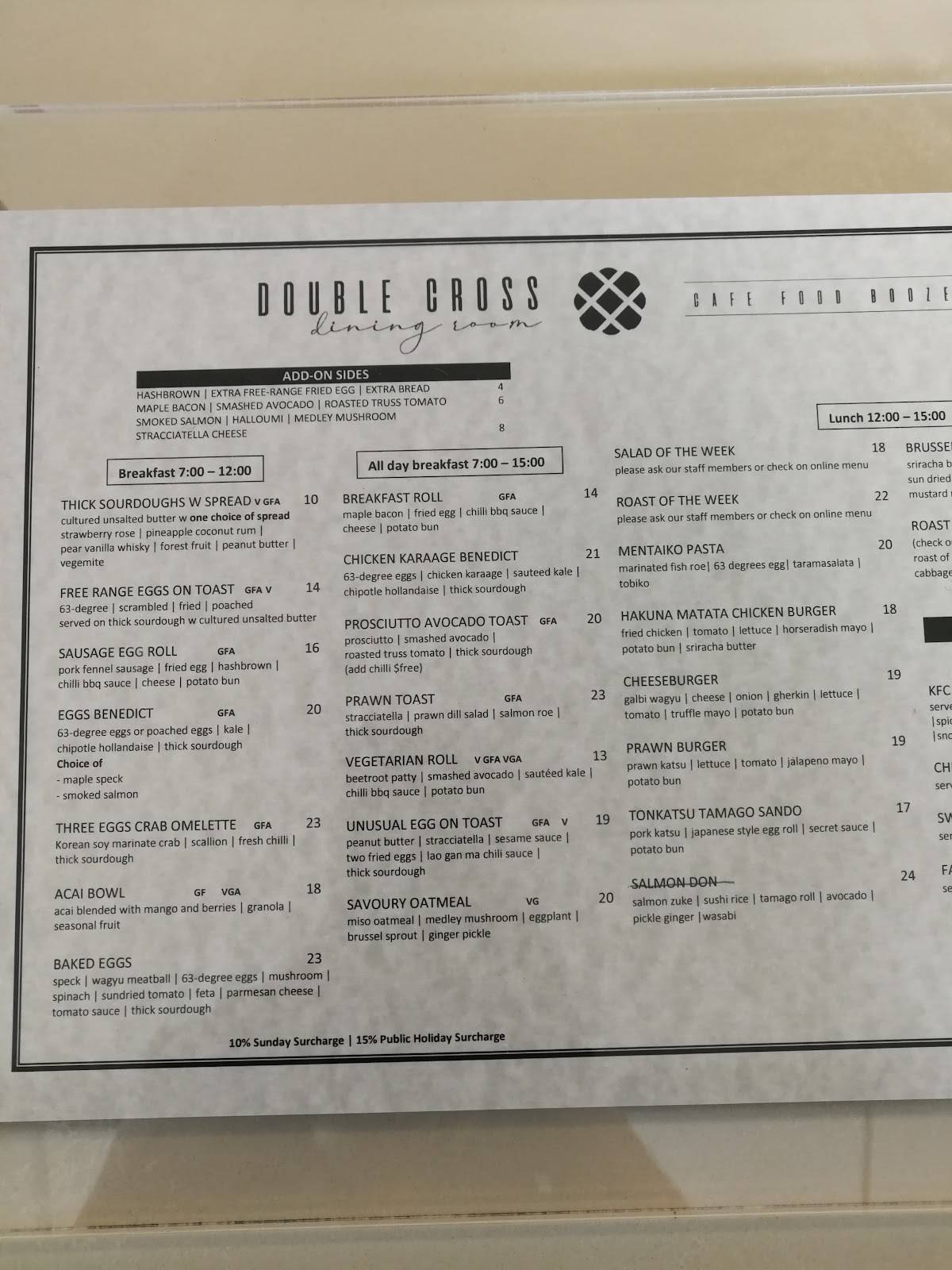 Menu at Double Cross Dining Room cafe, Crows Nest