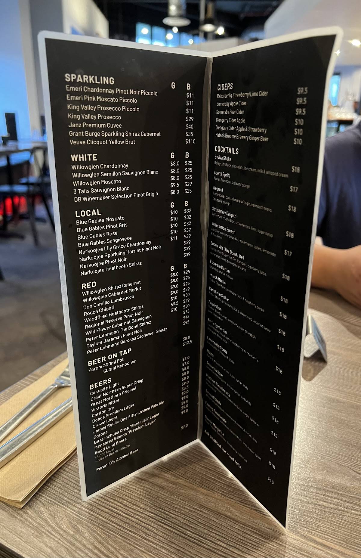 Menu at Cafe Evviva, Traralgon
