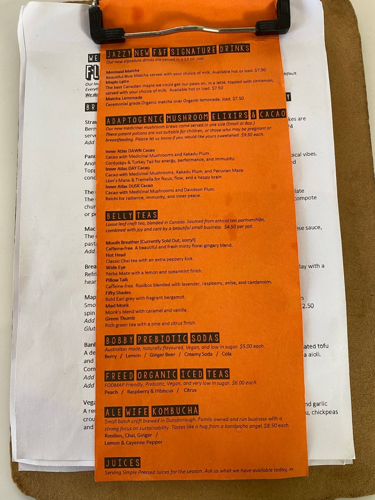 Menu at Flora & Fauna cafe, Northbridge