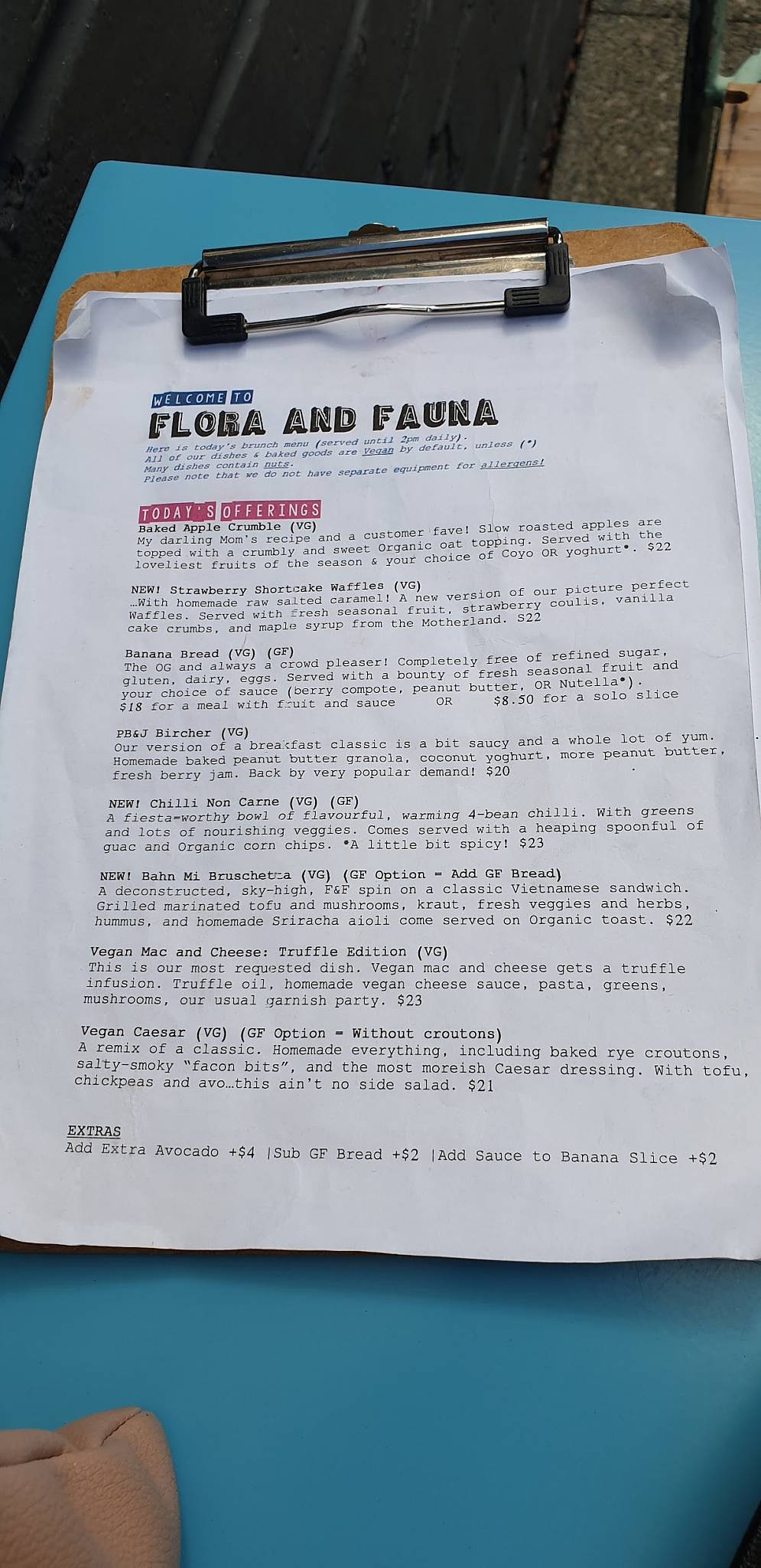 Menu at Flora & Fauna cafe, Perth