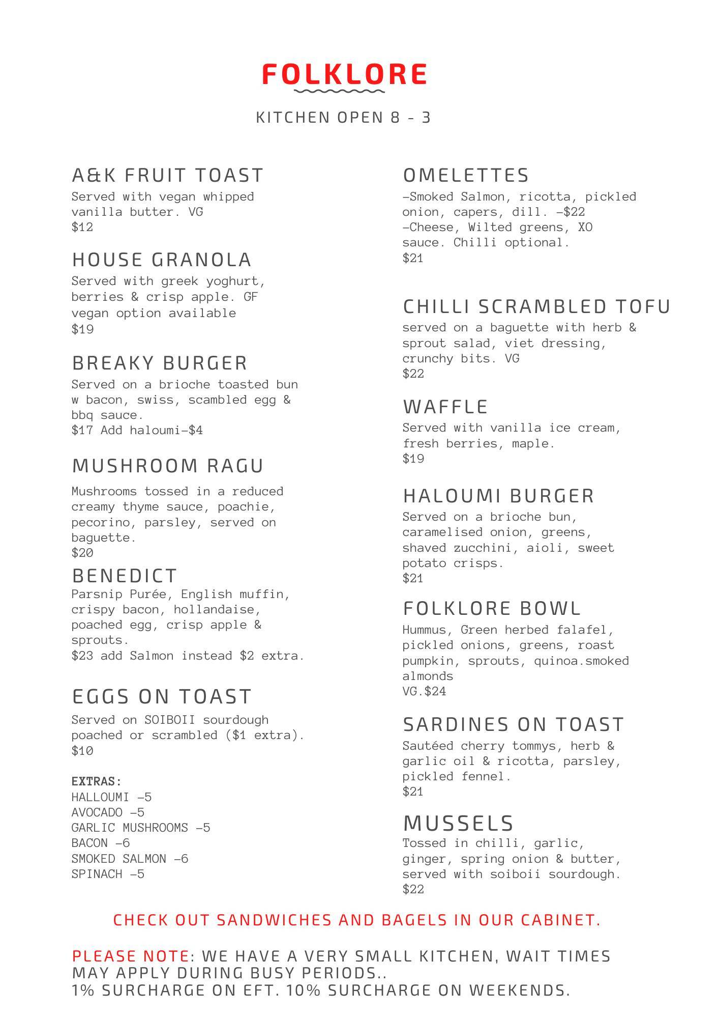 Menu at Folklore Cafe, Port Adelaide