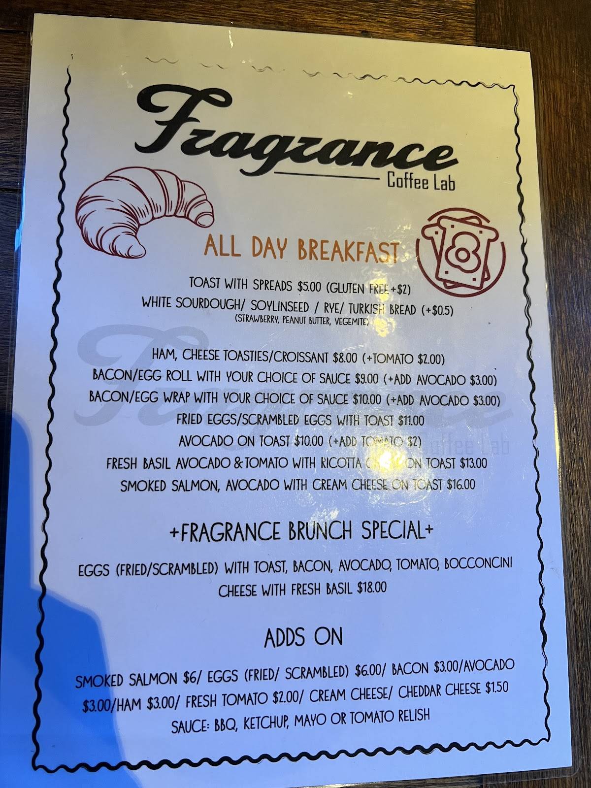 Menu at Fragrance Coffee cafe, Darlinghurst