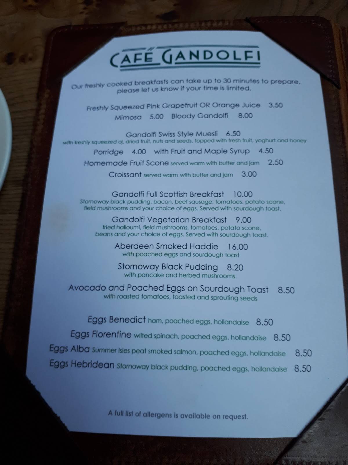 Menu at Gandolfi restaurant, Glasgow, 64 Albion Street
