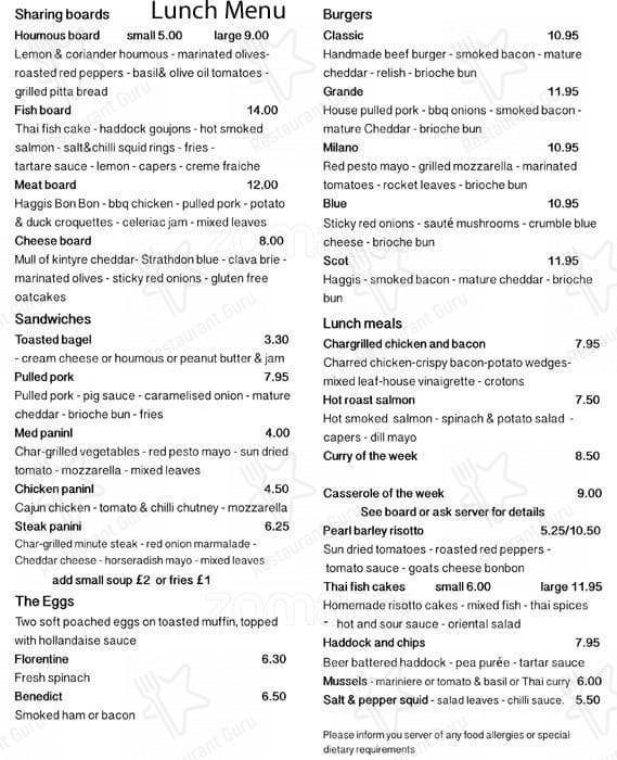 Menu at Cafe Grande, Edinburgh, 182-184 Bruntsfield Pl