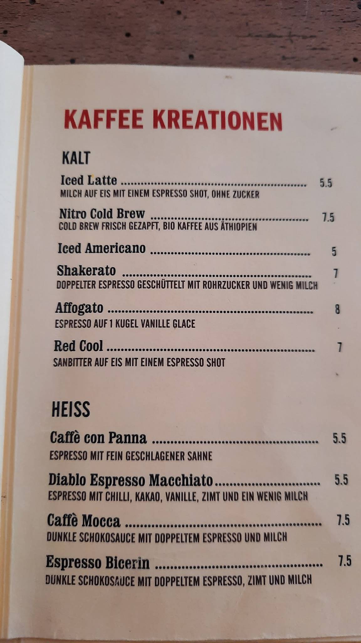 Speisekarte von Café Henrici, Zürich