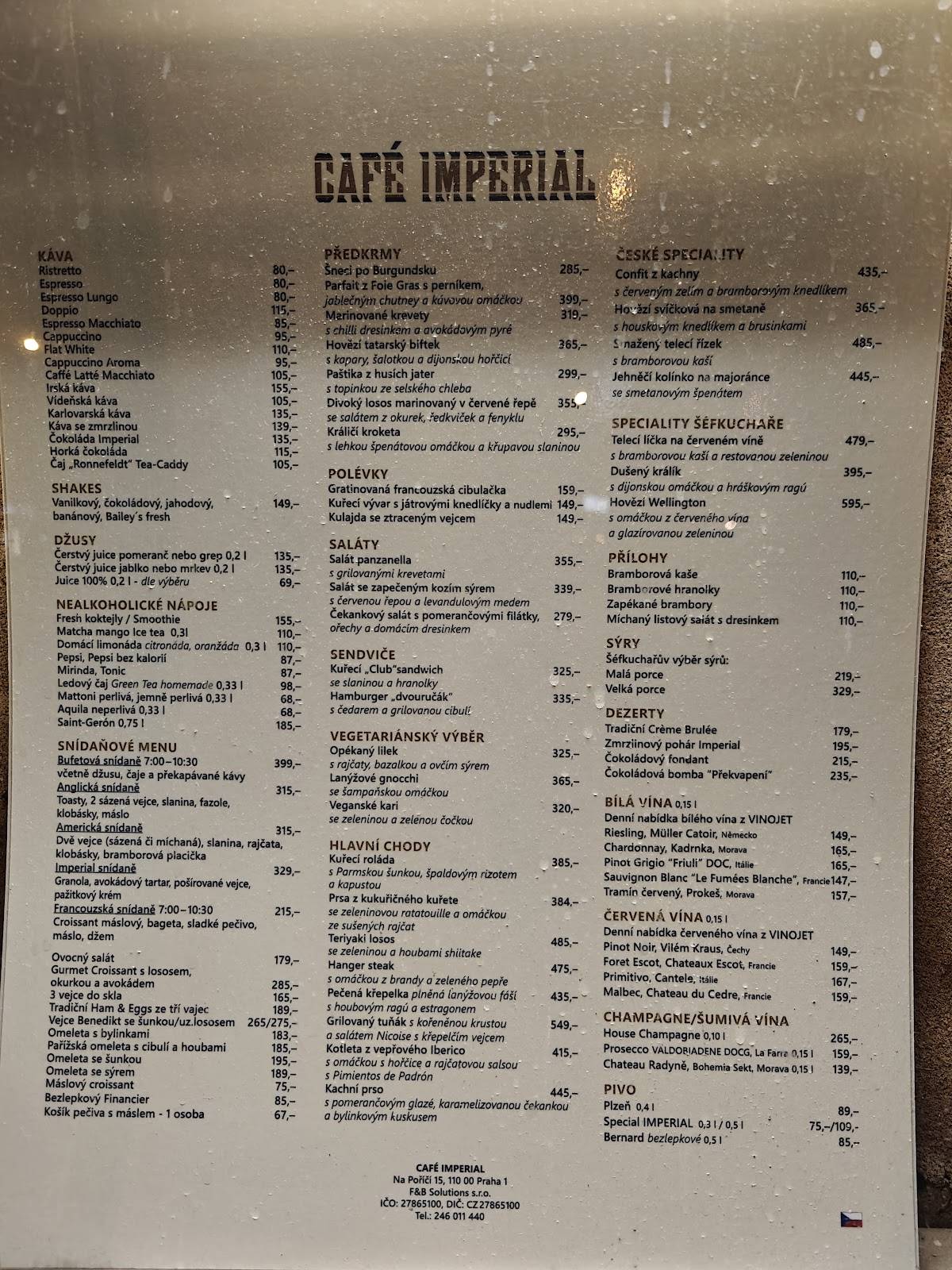 Menu at Café Imperial cafe, Prague, Na Poříčí 1072/15