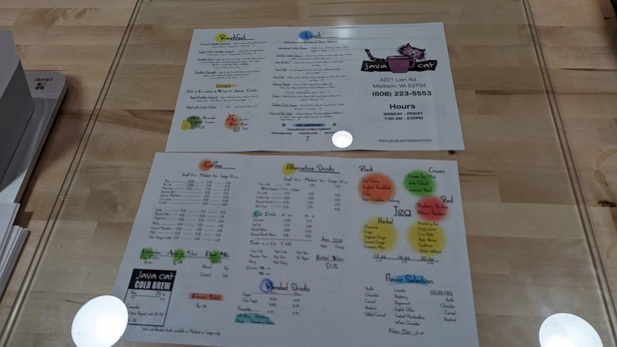 Menu at Java Cat Coffee House, Madison