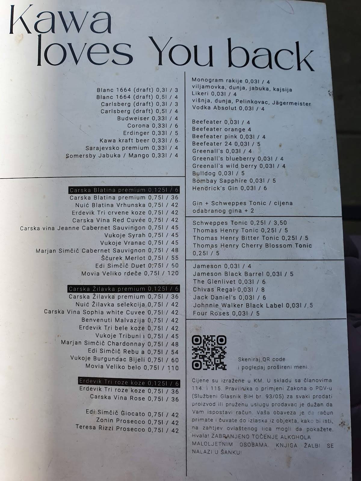 Menu at Kawa cafe, Sarajevo
