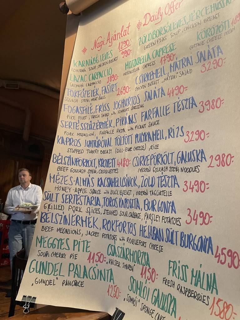 Menu at Café Kör restaurant, Budapest
