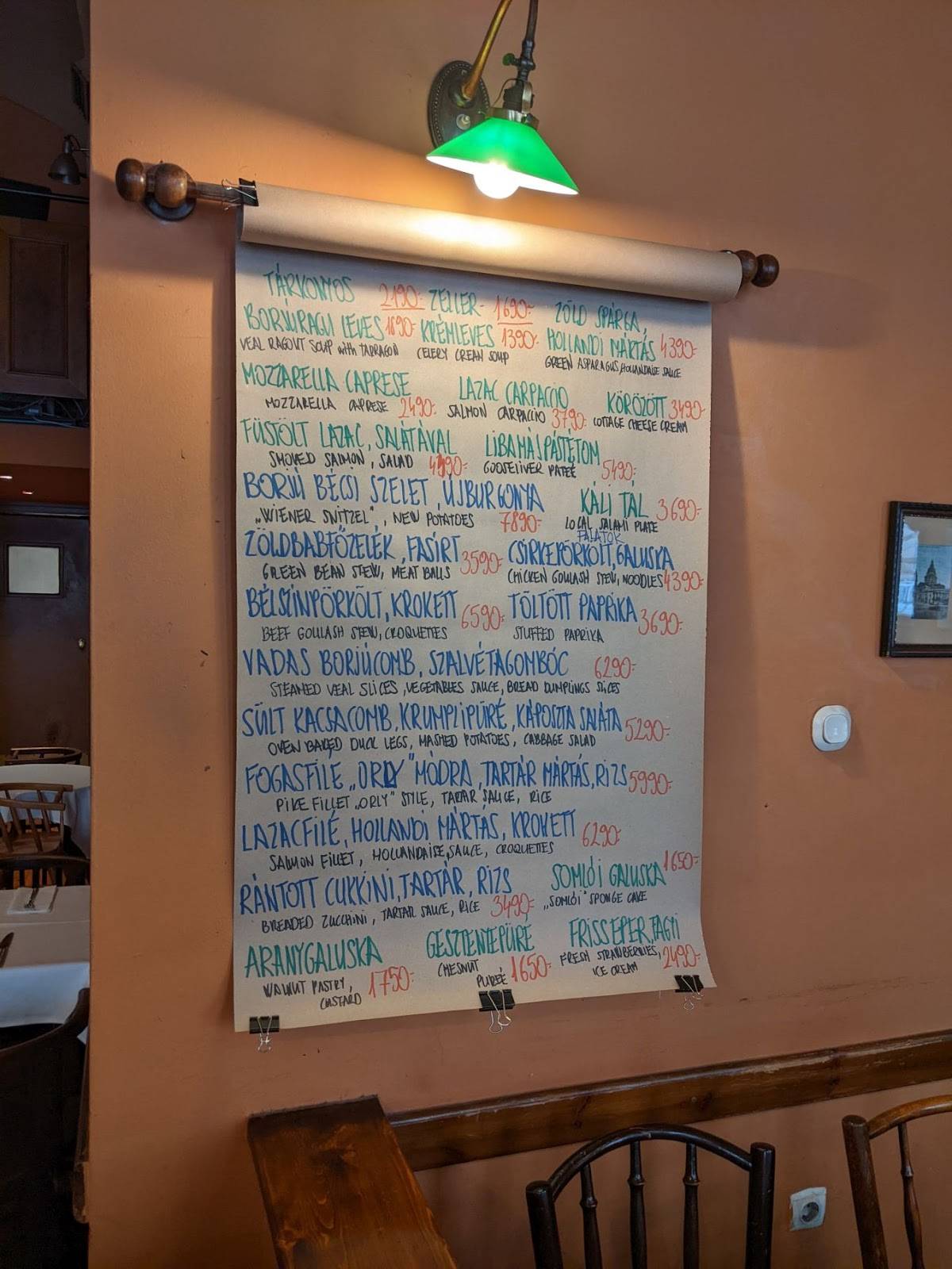 Menu at Café Kör restaurant, Budapest