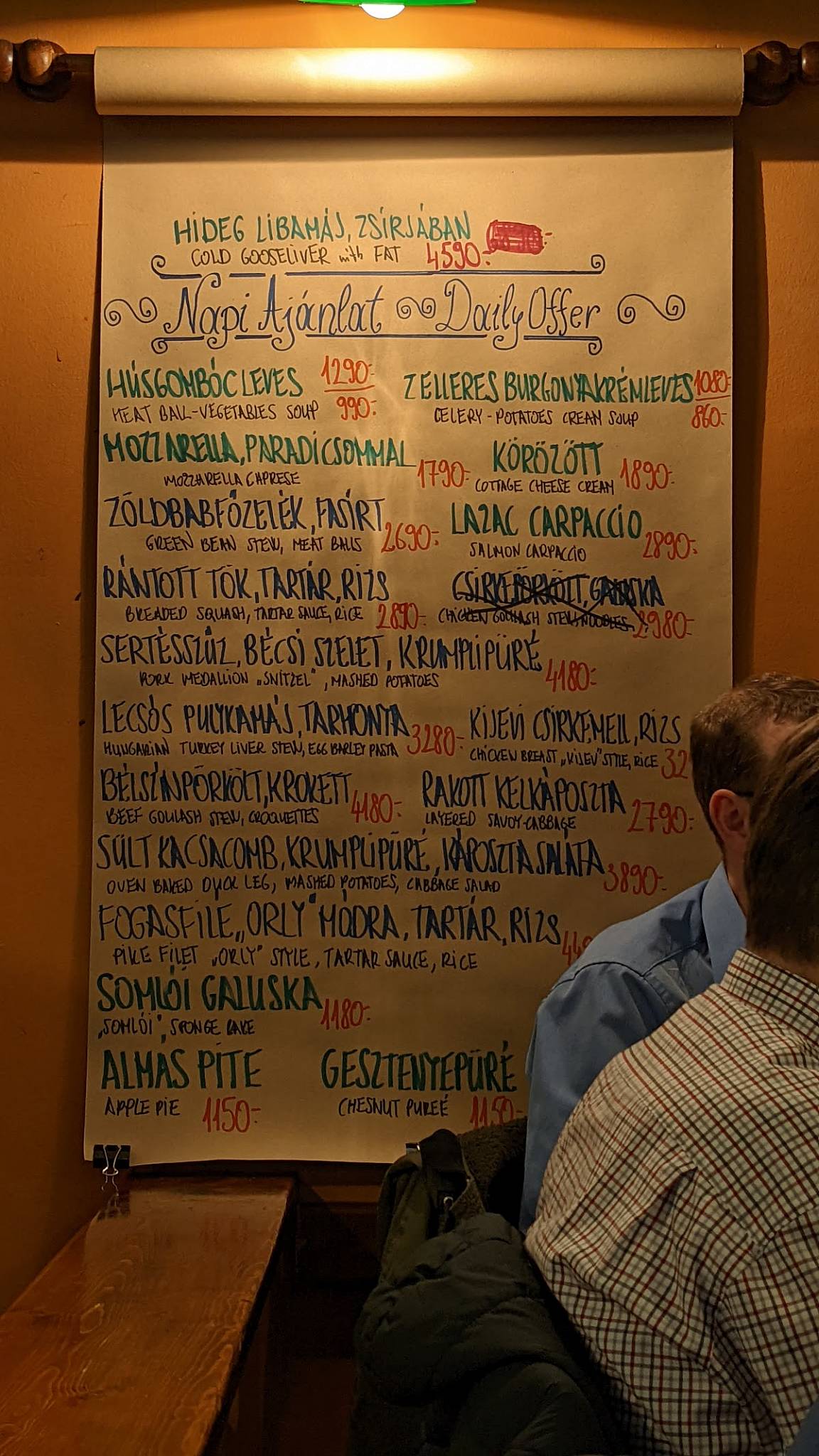Menu at Café Kör restaurant, Budapest