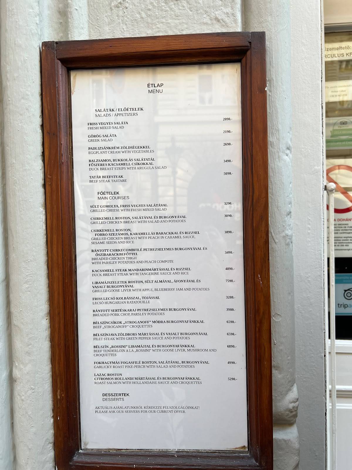 Menu at Café Kör restaurant, Budapest