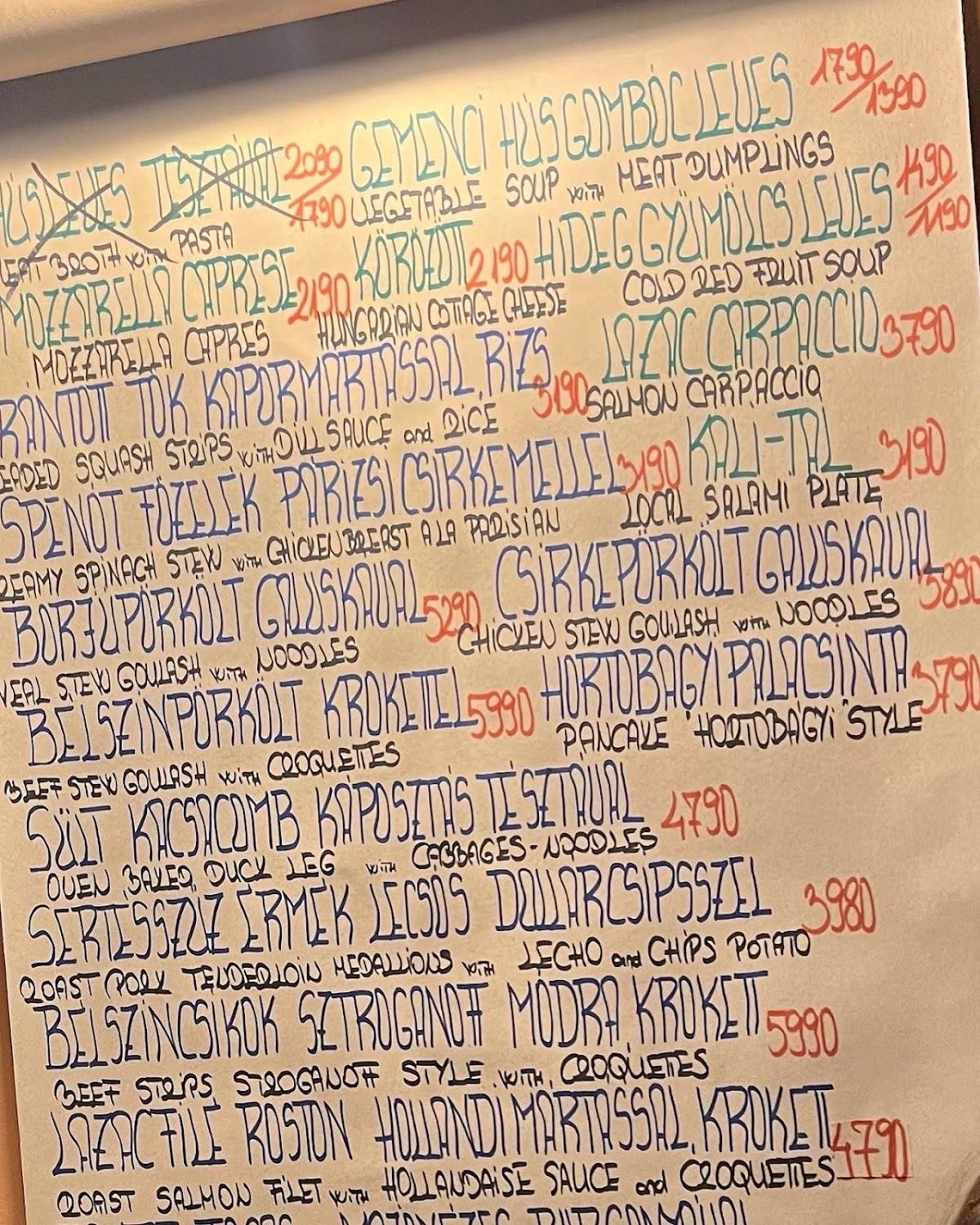 Menu at Café Kör restaurant, Budapest