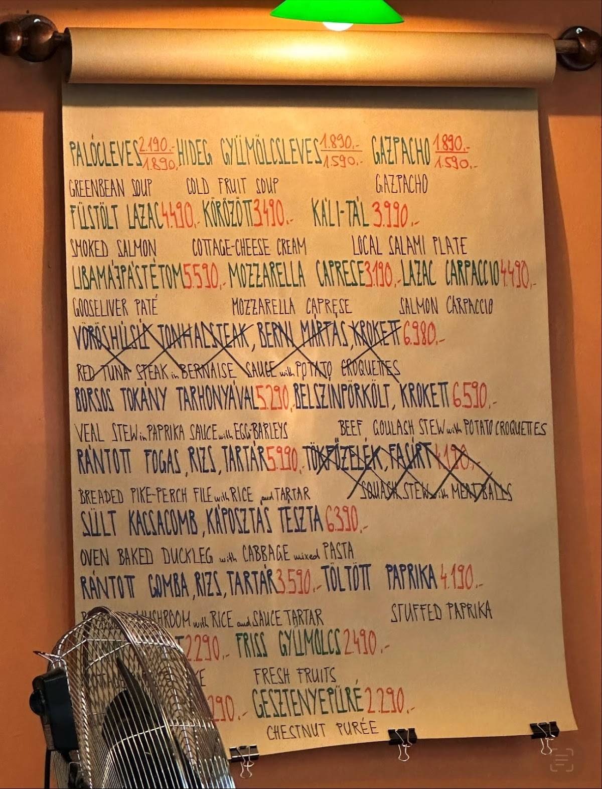 Menu at Café Kör restaurant, Budapest