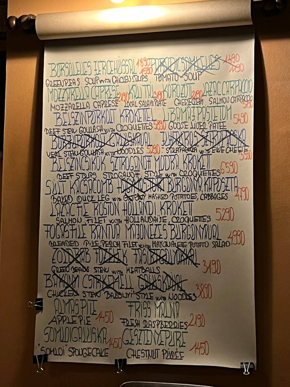 Menu at Café Kör restaurant, Budapest