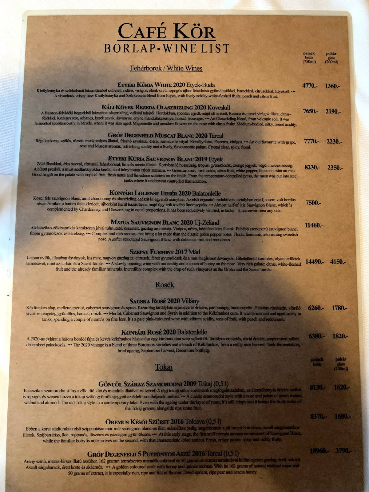 Menu at Café Kör restaurant, Budapest