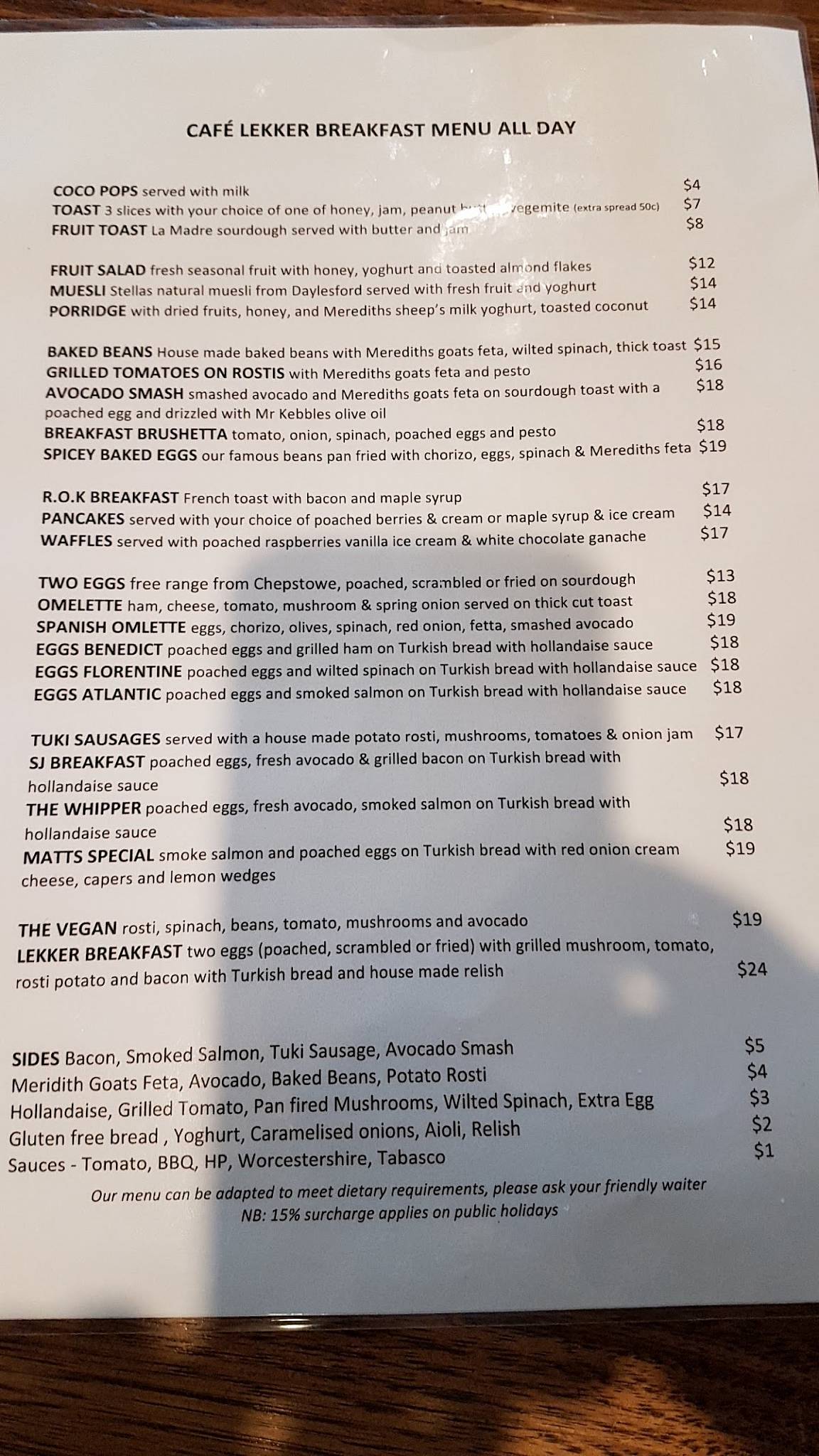 Menu at Cafe Lekker, Ballarat Central