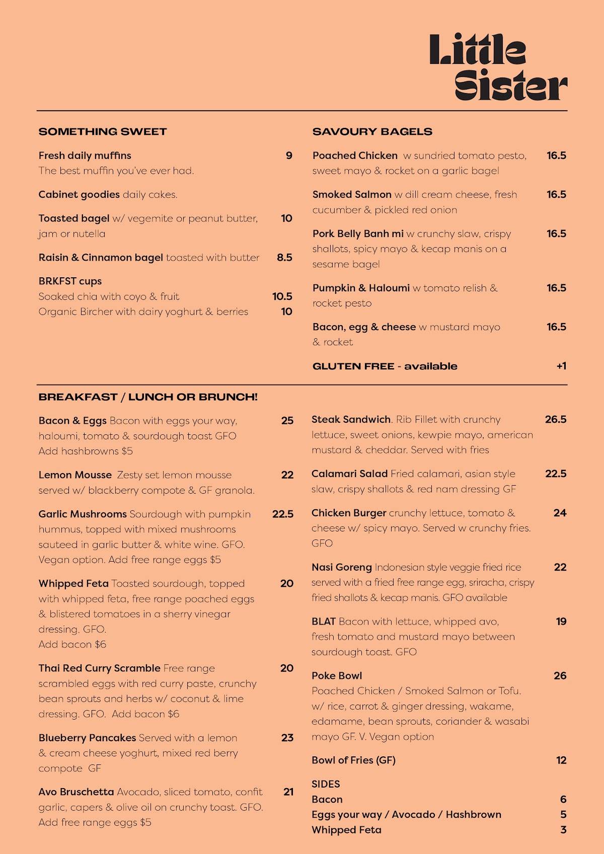 Menu at Little Sister Eatery cafe, Golden Beach