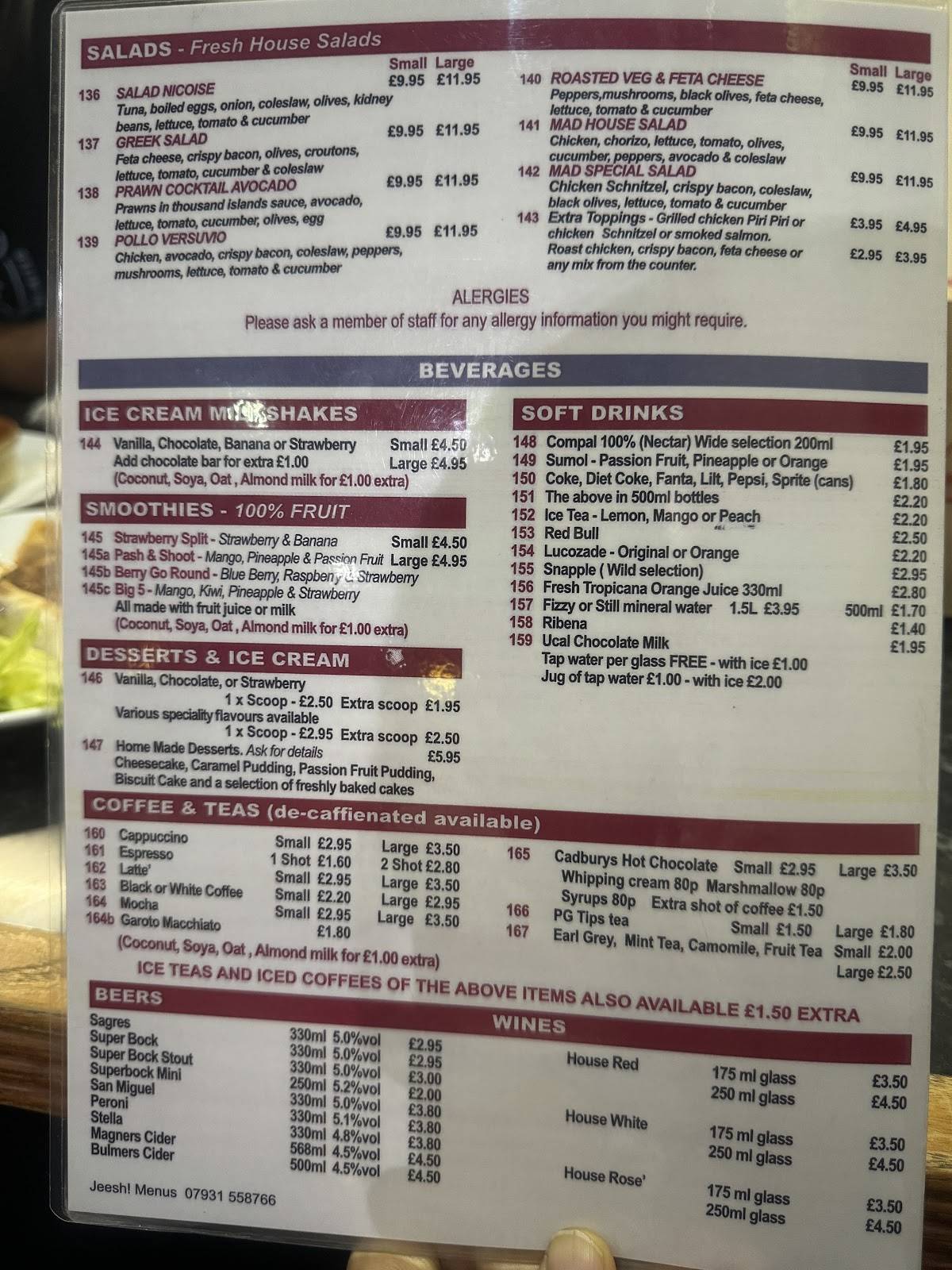 Menu at Mad Coffee Bar, Sutton