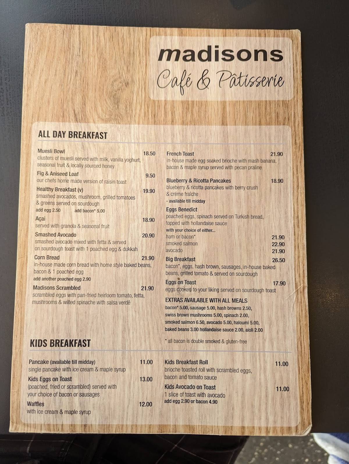 Menu at Madison's Cafe, Broadbeach
