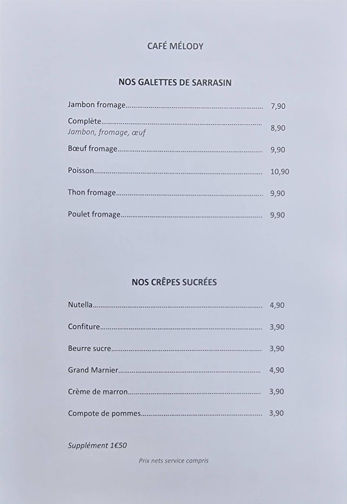 Menu at Melody Café Paris, Paris