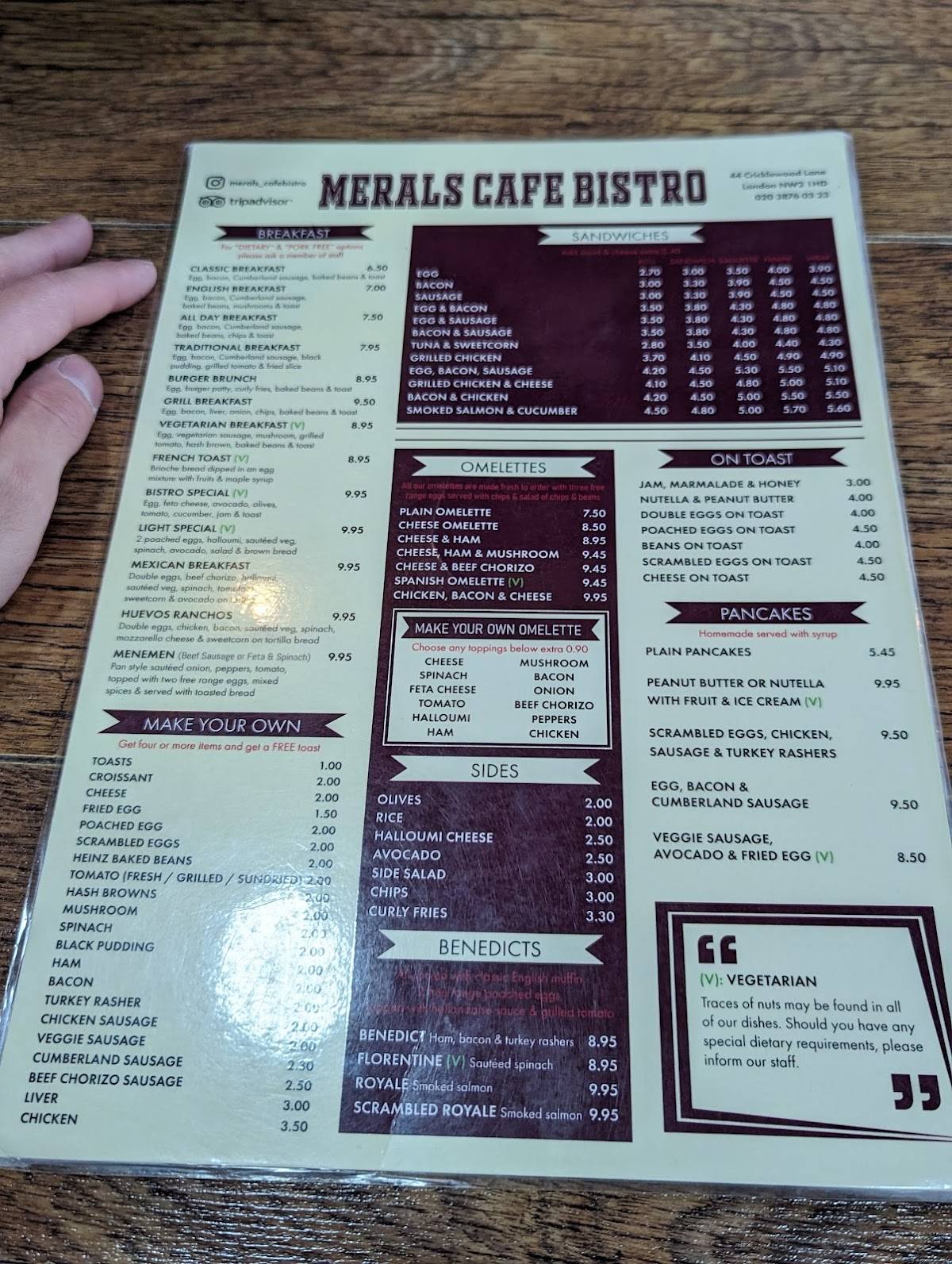 Menu at Meral’s Cafe Bistro, London