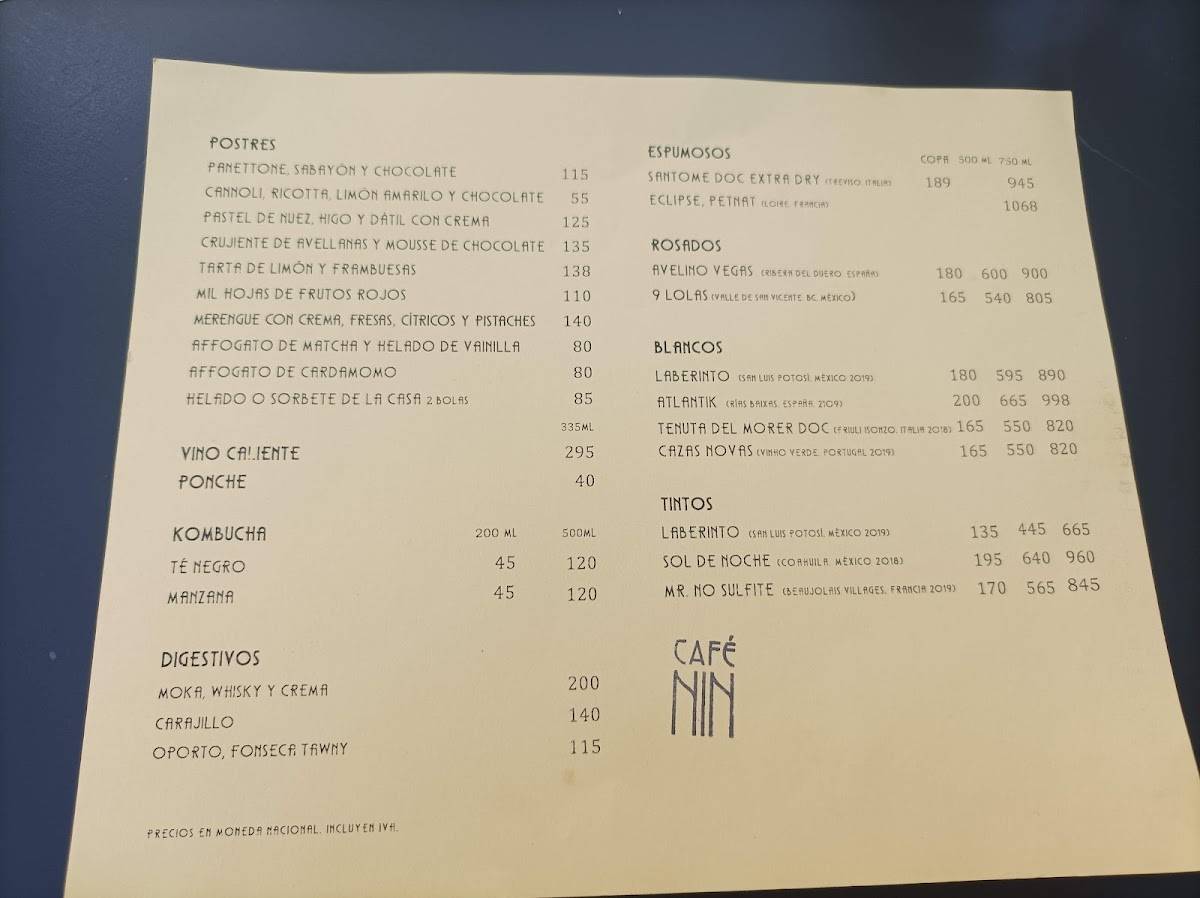 Carta de Café Nin, Ciudad López Mateos, Havre 73 Colonia Juárez