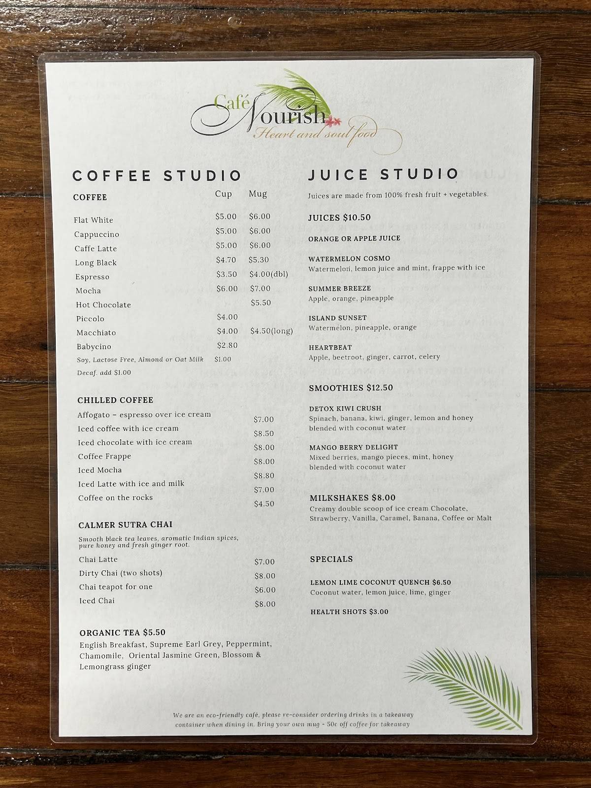 Menu at Cafe Nourish, Horseshoe Bay